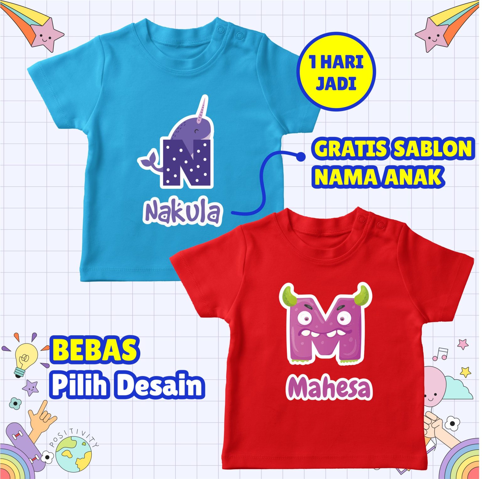 Kaos Nama Anak Custom Alphabet - Akucetak.id